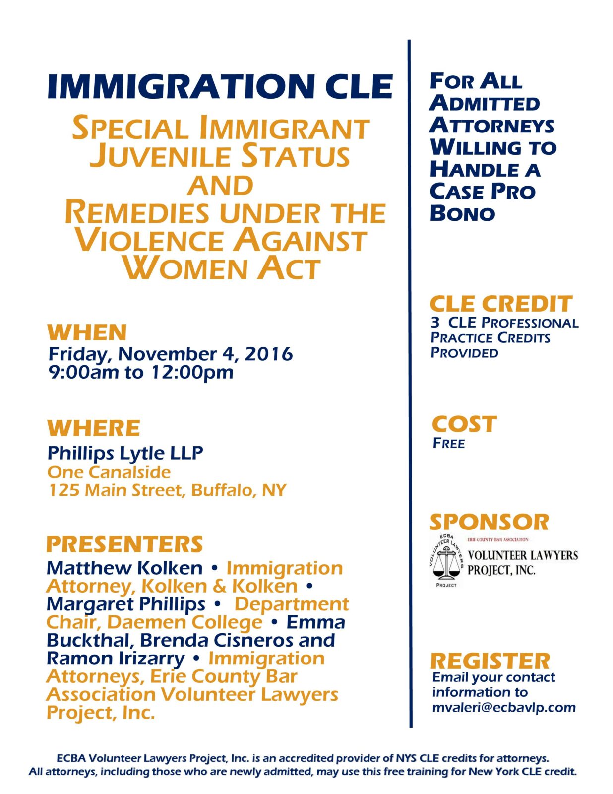 Save the Date: 11/4/16 Immigration CLE | ECBA Volunteer Lawyers Project